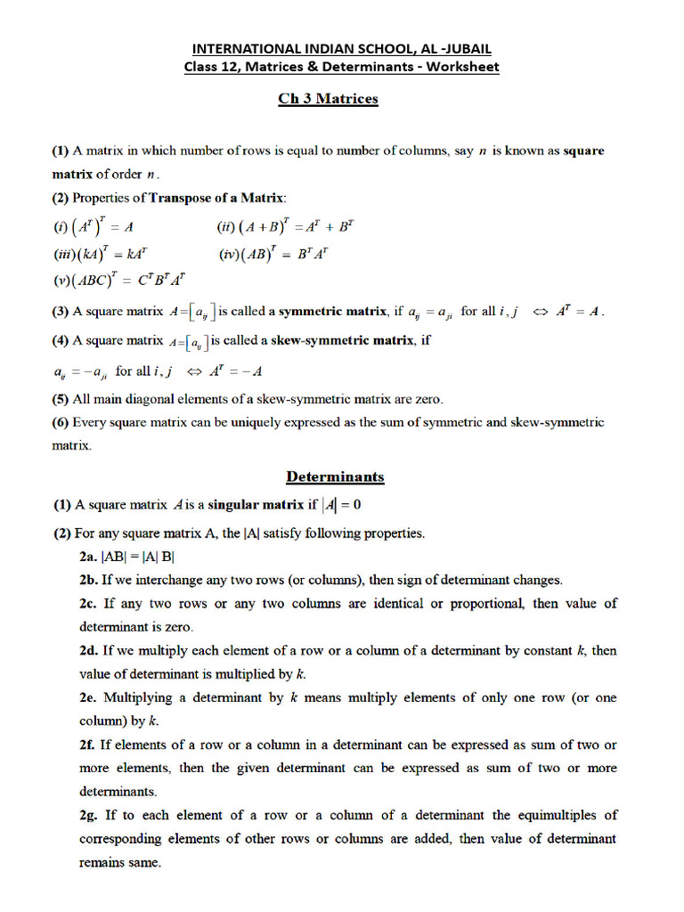 CH 3 & 4-Matrices & Determinants Worksheet | PDF