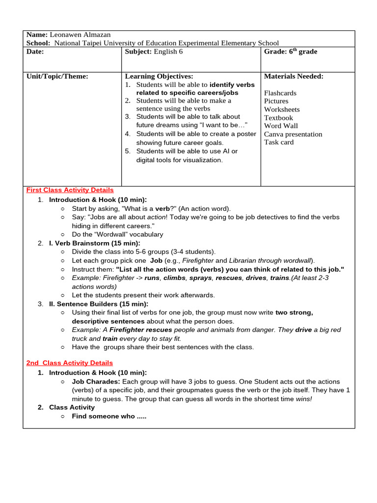 English 6 Lesson Plan 1st Term | PDF | English Language | Lesson Plan