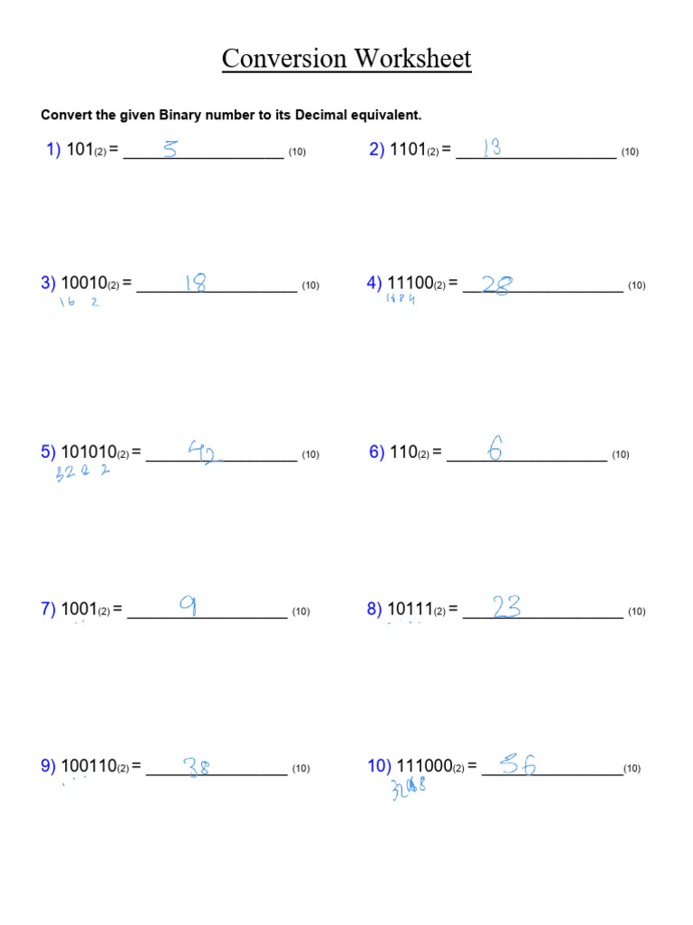 Binary To Decimal Conversion Worksheet | PDF