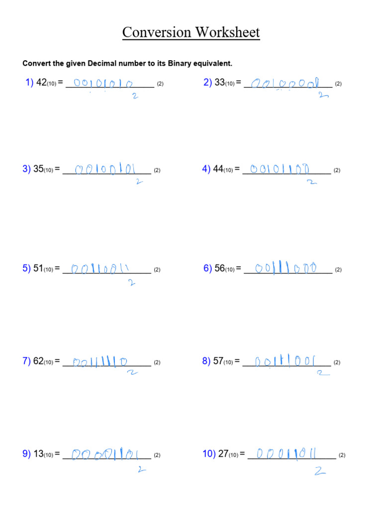 Decimal To Binary Conversion Worksheet1 3 | PDF