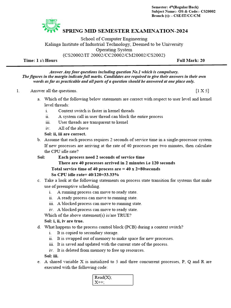 OS Mid-Sem Exam Questions 2024 | PDF | Process (Computing) | Thread ...