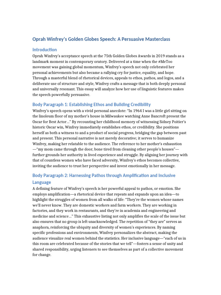 Oprah Winfrey Speech Analysis | PDF | Rhetoric | Logos