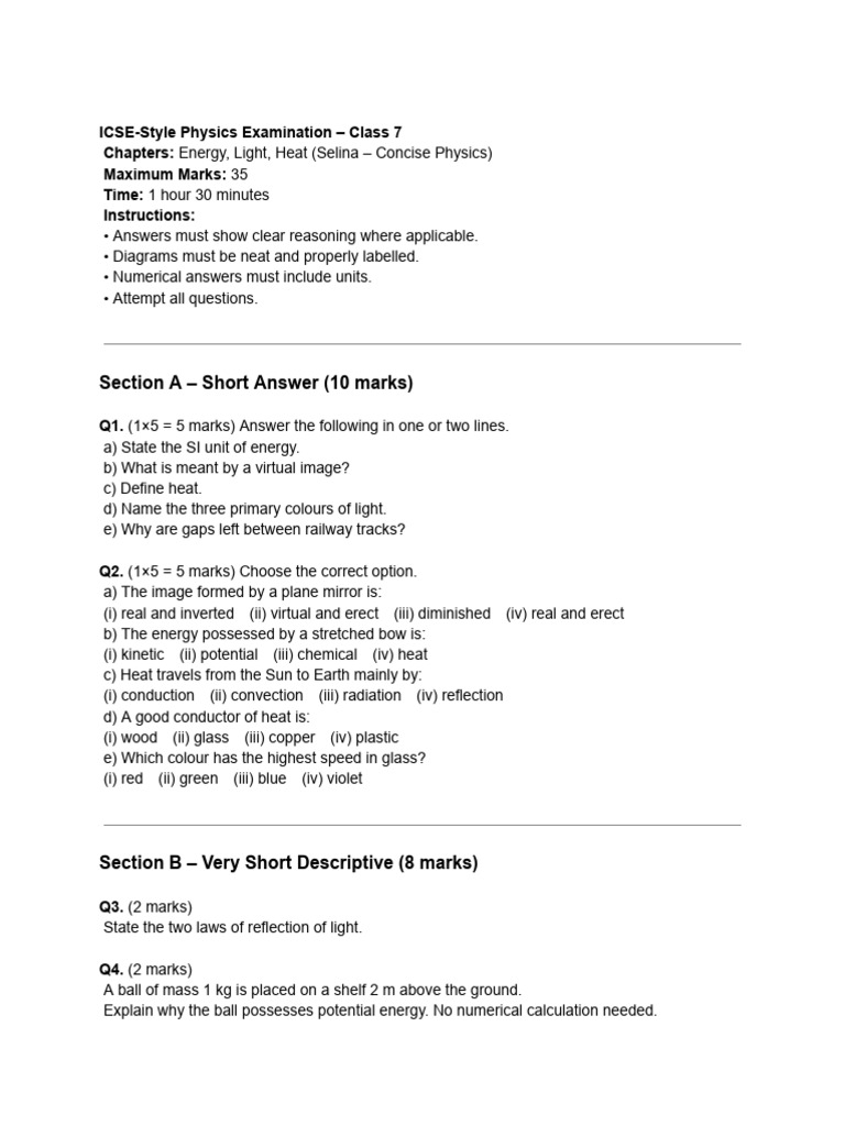 ICSE Class 7 Physics Exam Paper | PDF | Heat | Applied And ...