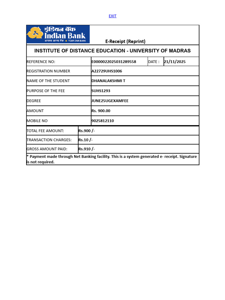 Indian Bank - Print Receipt | PDF