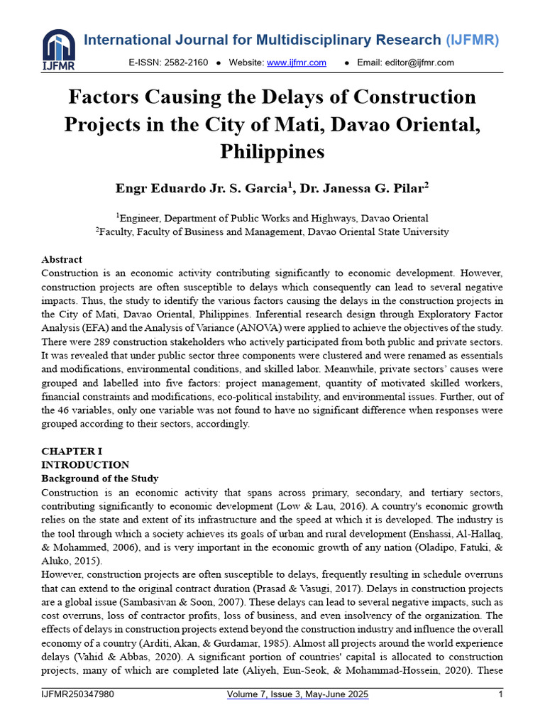 Factors Causing the Delays of Construction Projects in the City of Mati ...