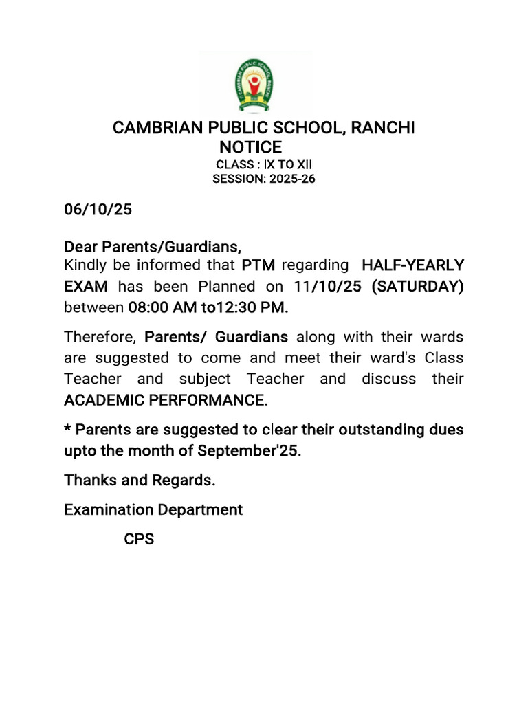 PTM Notice for Classes IX-XII at CPS | PDF