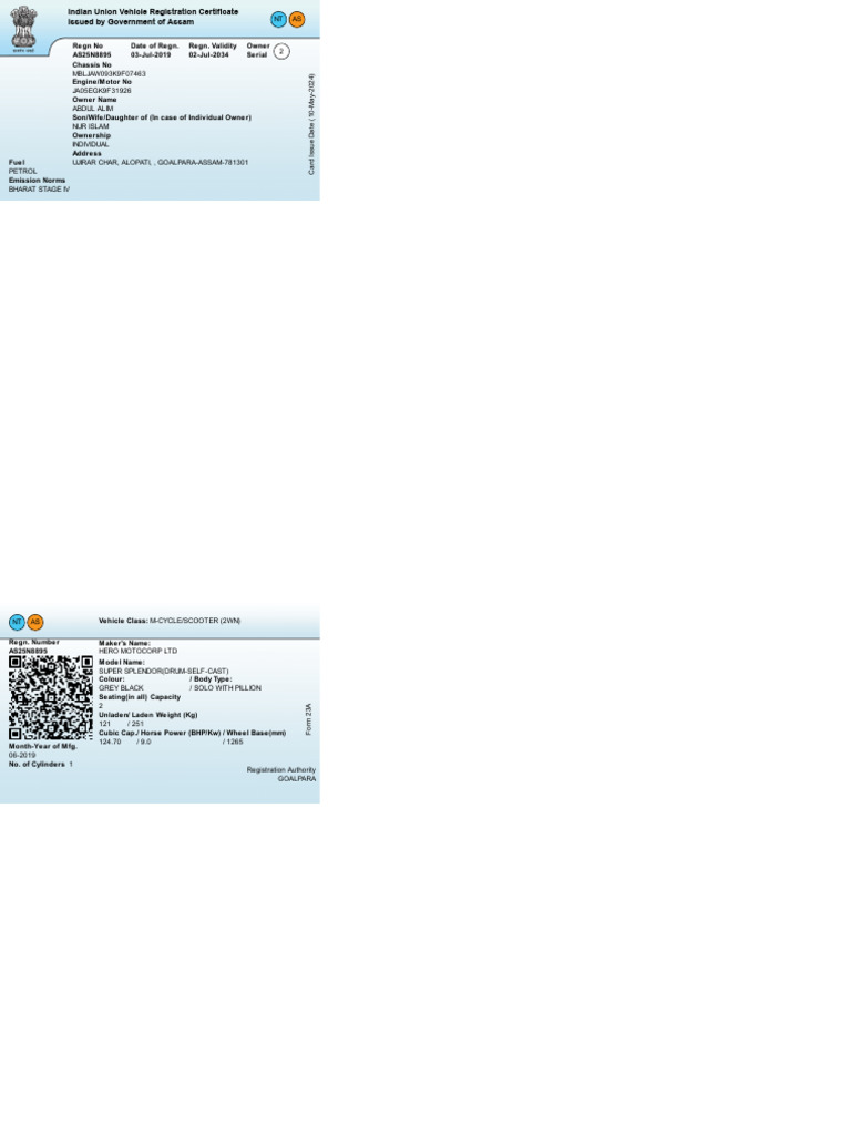 Assam Vehicle Registration Certificate Details | PDF