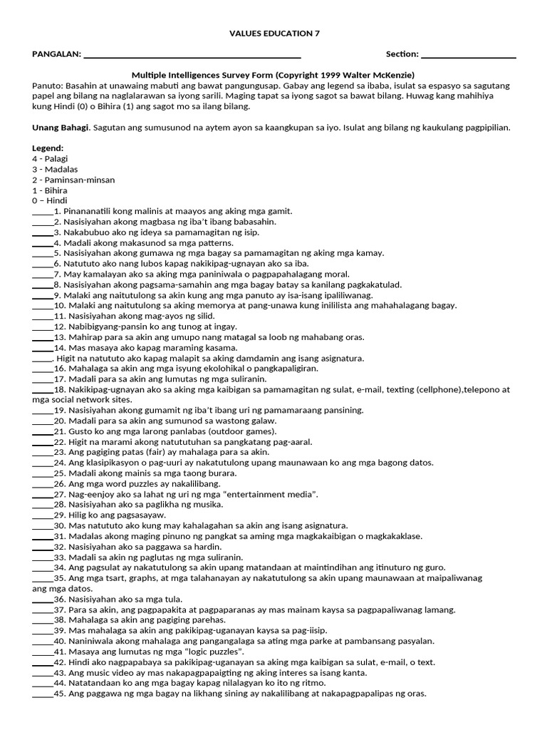 Multiple Intelligences Survey Form | PDF
