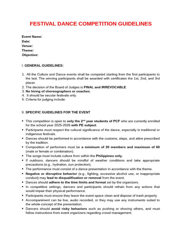 Pe3. Festival Dance Competition Guidelines | PDF | Dances | Choreography