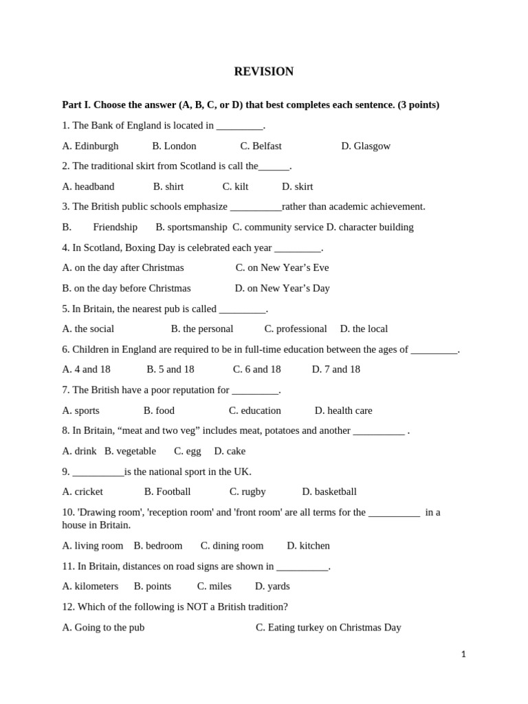 Sample Test. British Culture - 1 | PDF