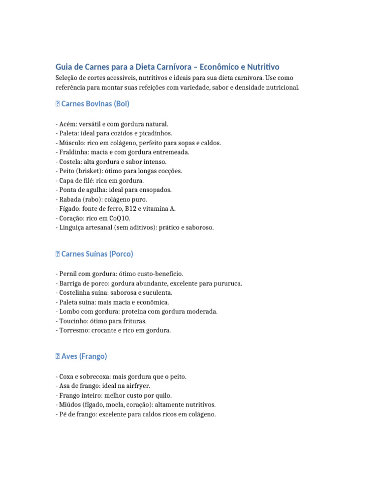 Guia Carnes Dieta Carnivora Tay | PDF