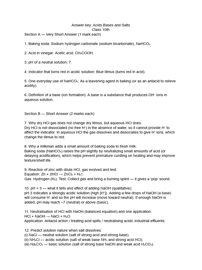 Answer Key - Acids Bases and Salts | PDF | Sodium Hydroxide | Acid