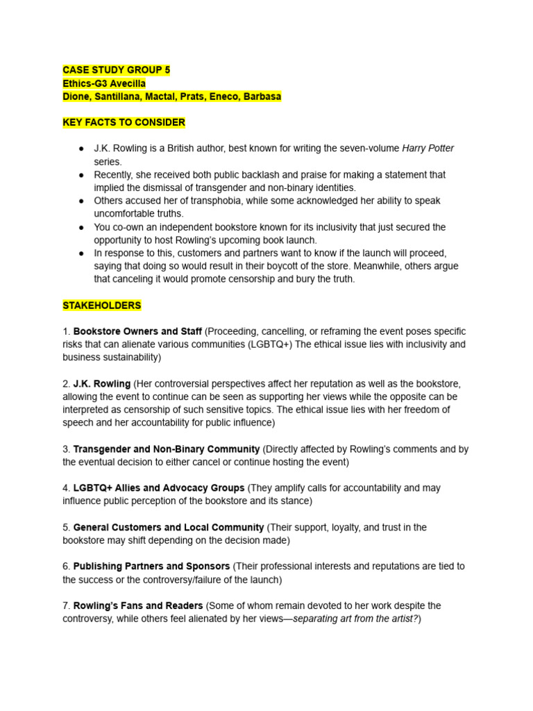 ETHICS-G3 CASE STUDY BRIEF GROUP 5 | PDF | J. K. Rowling | Equality Rights