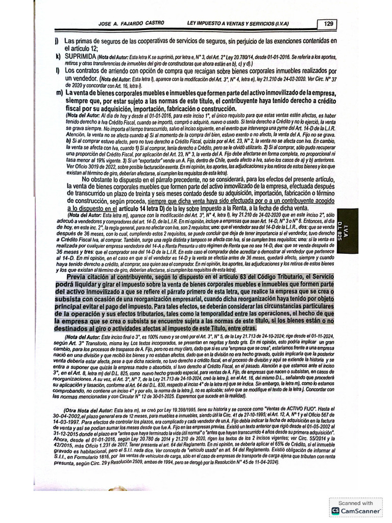 Extracto Libro Fajardo DL 825 Art 8 Letra M + Art 12 Letra A IVA CV ...