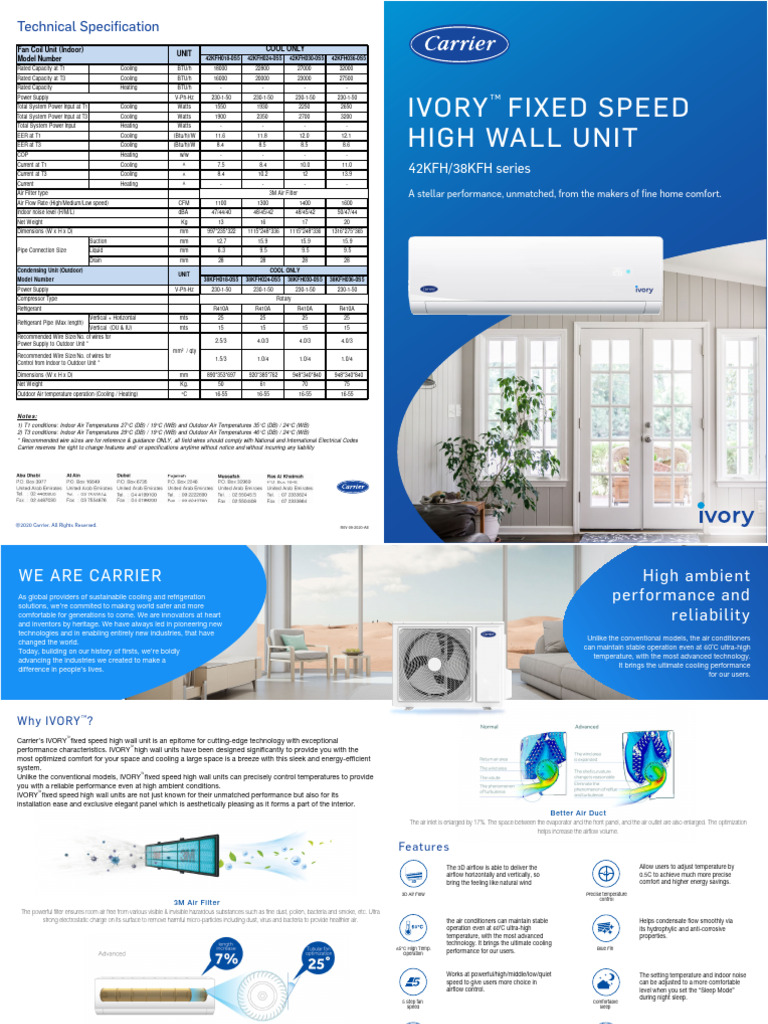 Carrier IVORY High Wall AC Specs | PDF | Air Conditioning | Mechanical ...