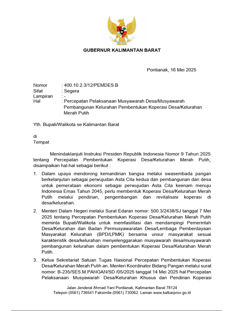 18 Surat Gub Kalbar Percepatan Bentuk Kopdeskel | PDF