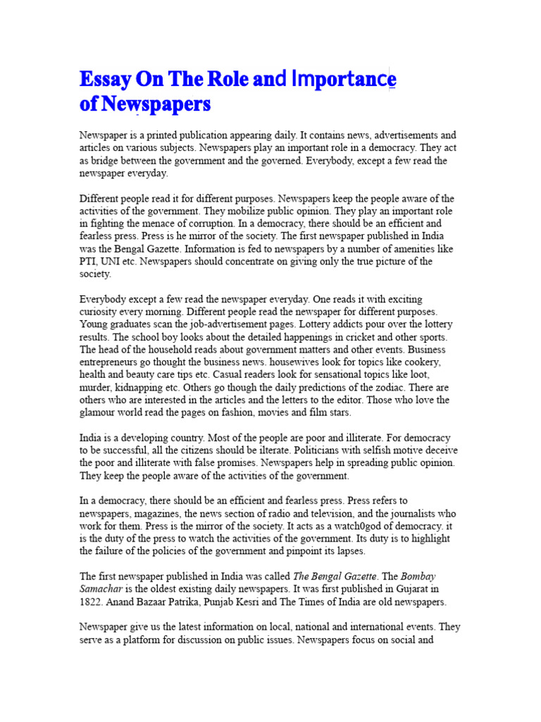 Role and Importance of Newspaper | PDF | Newspapers | Mass Media