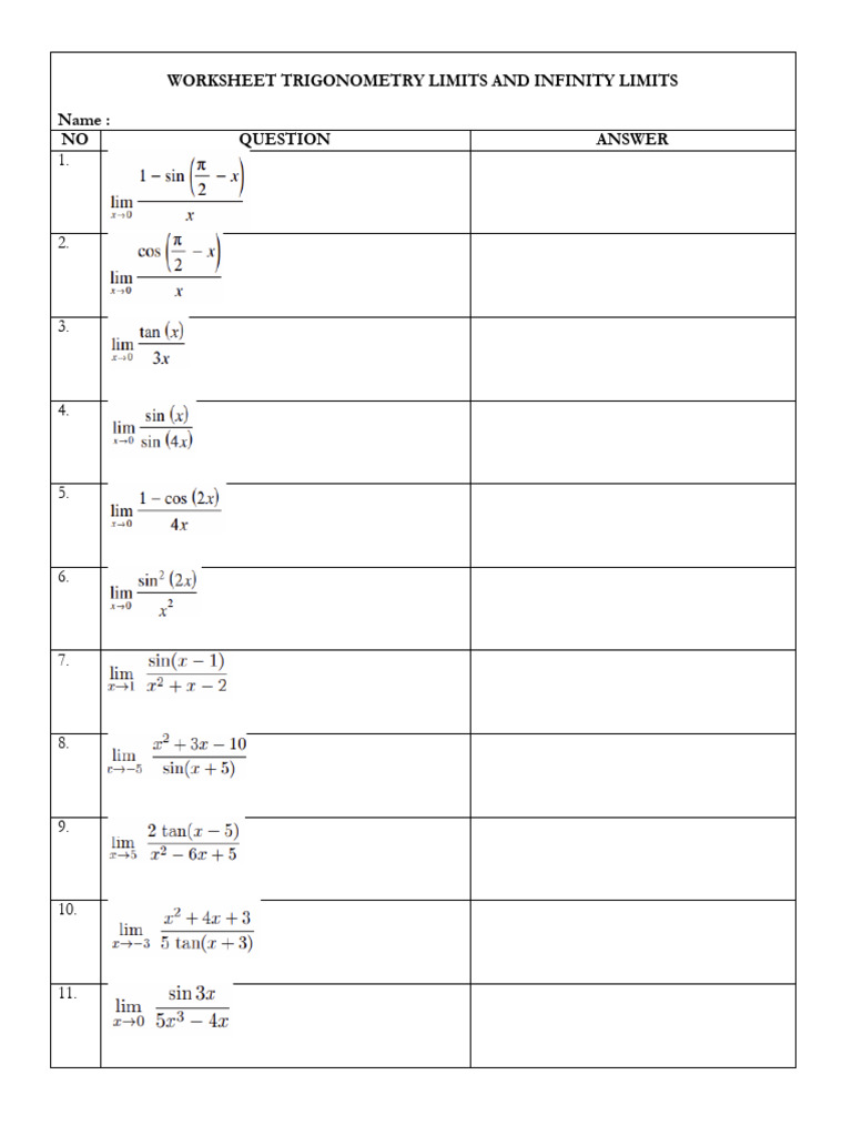 Worksheet Trigonometry Limits and Infinity Limits | PDF