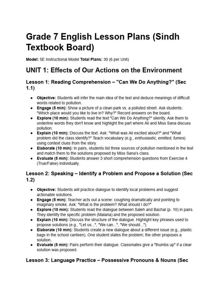Grade 7 English Lesson Plans Overview | PDF | Reading Comprehension ...