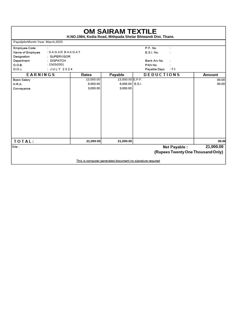 Sagar Salary Slip (1) | PDF | Paycheck | Employee Relations
