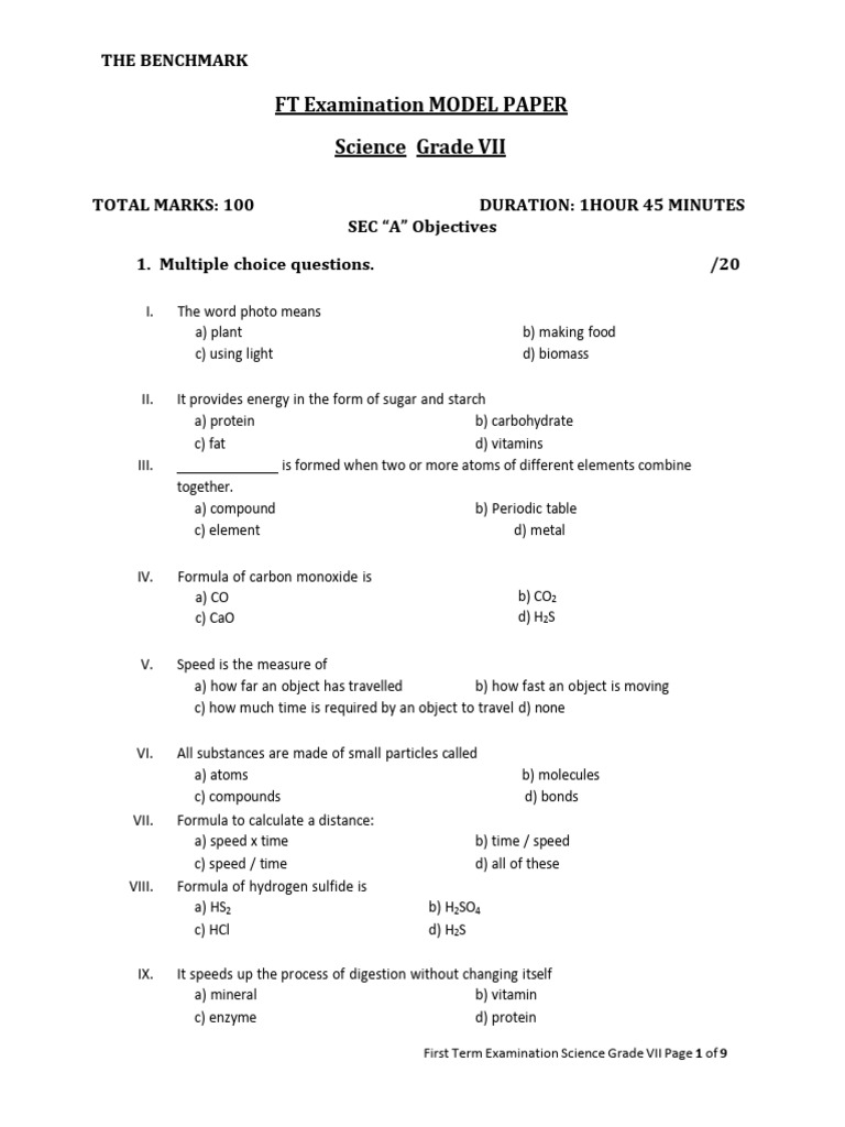 Grade VII Science First Term Exam Paper | PDF | Digestion | Chemical ...