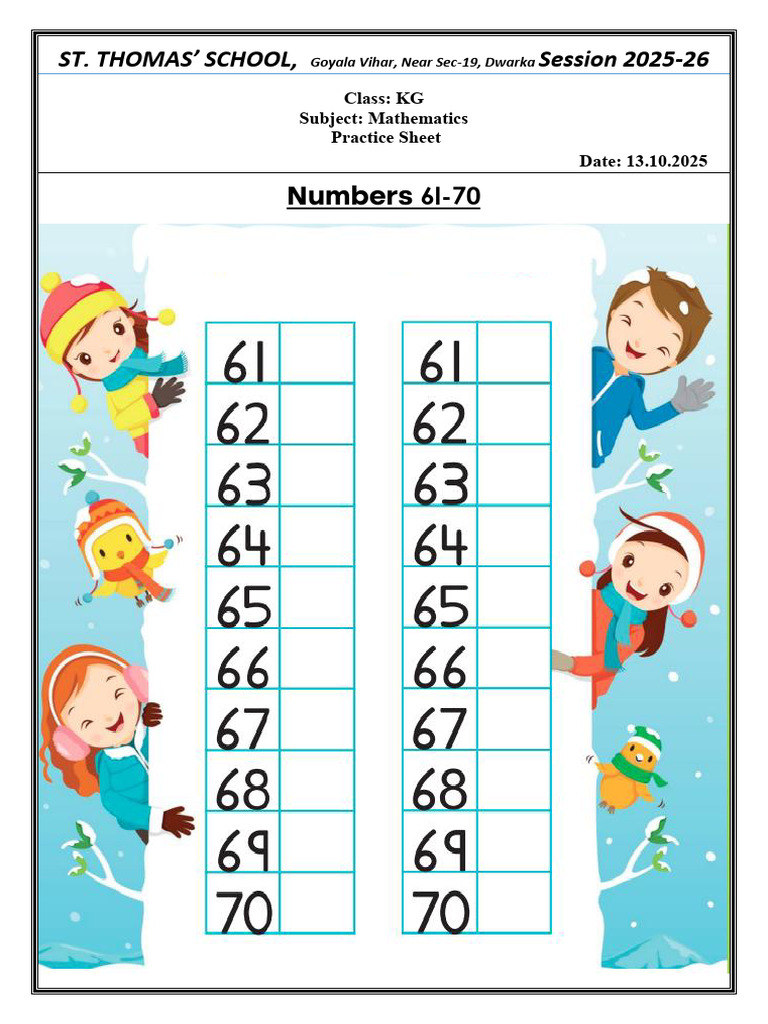 KG Math Practice Sheet: Numbers 61-70 | PDF