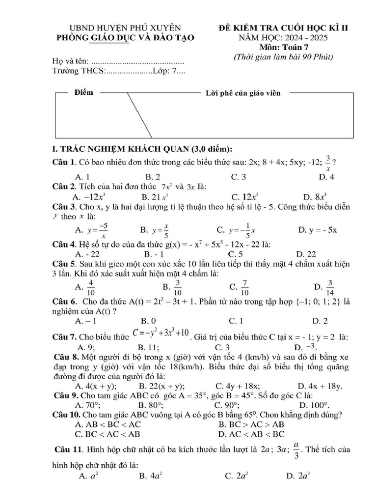 De Cuoi Ky 2 Toan 7 Nam 2024 2025 Phong GDDT Phu Xuyen Ha Noi | PDF
