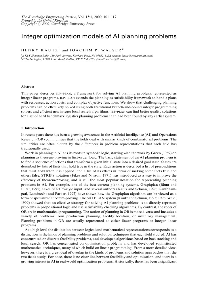 Integer Optimization Models of AI Planning Problems (KAUTZ, HENRY WALSER, JOACHIM P.) (Z-Library ...