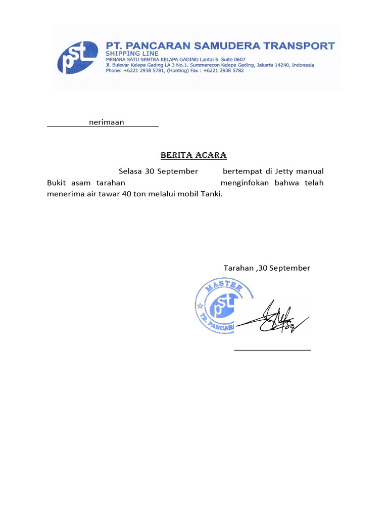 Penerimaan Air Tawar 40 Ton di Tarahan | PDF