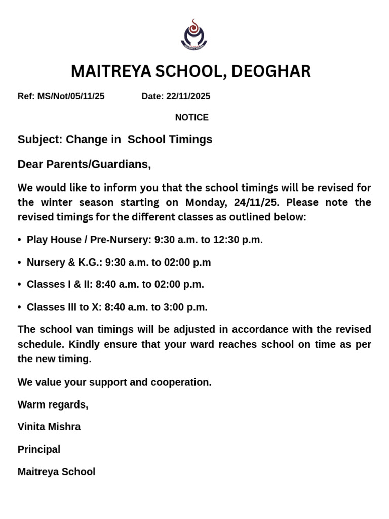 Winter School Timing - 1 | PDF