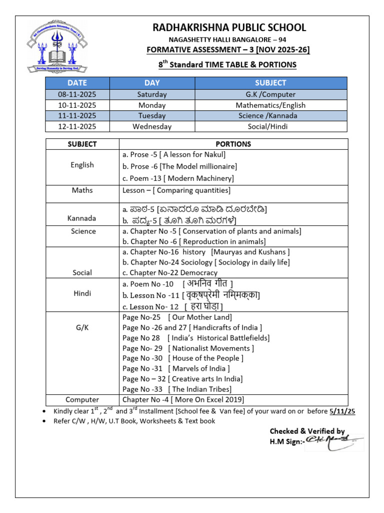 8th STD FA - 3 Time Table & Portion | PDF