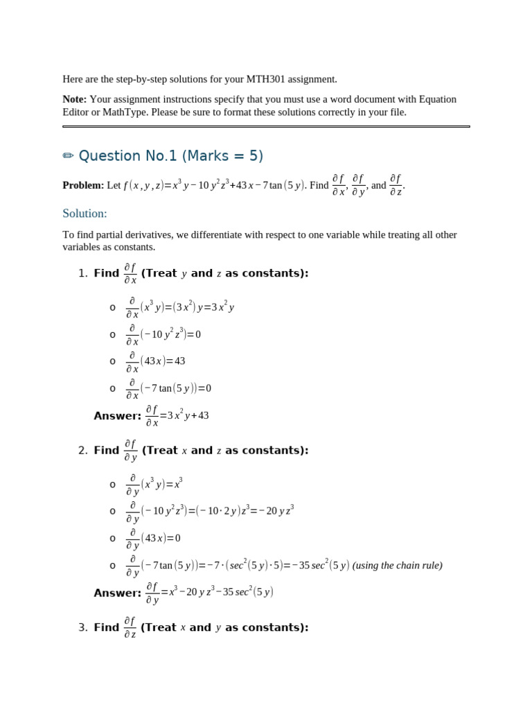 MTH301 Assignment 1 Solution | PDF | Equations | Differential Calculus
