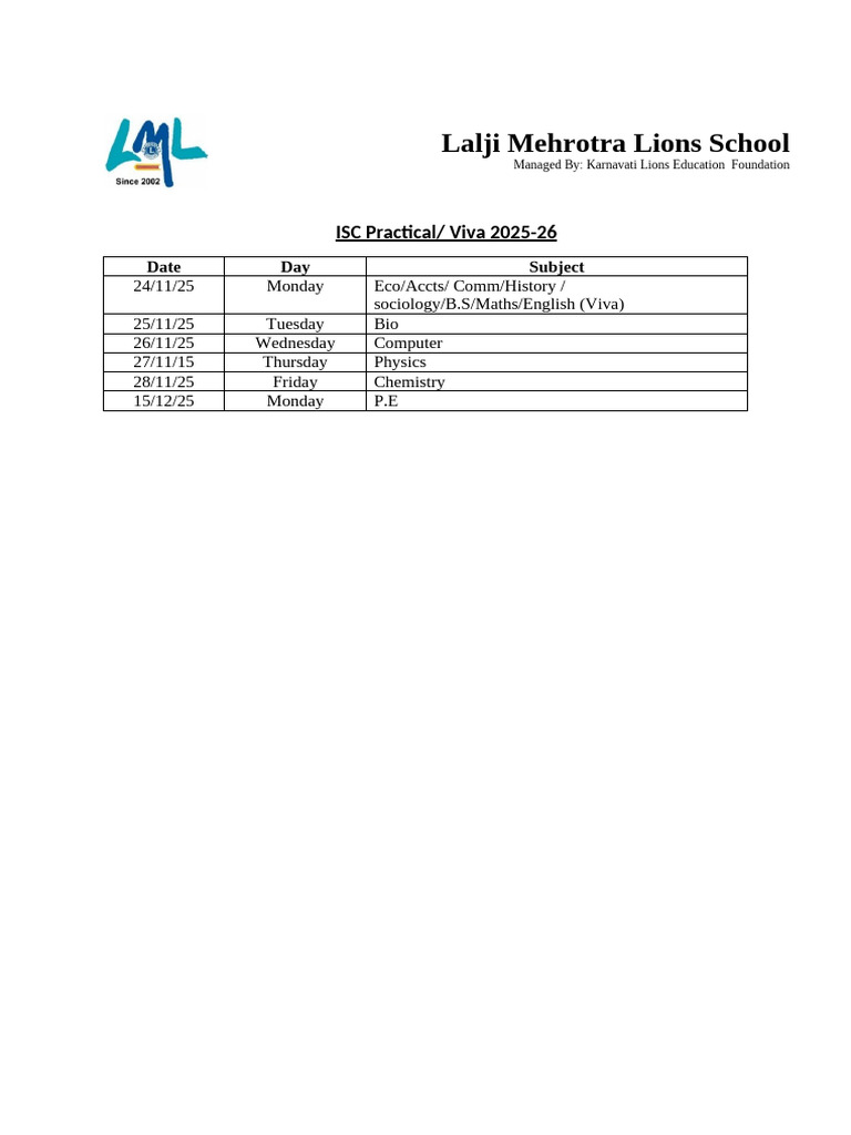 Practical Time Table ISC | PDF