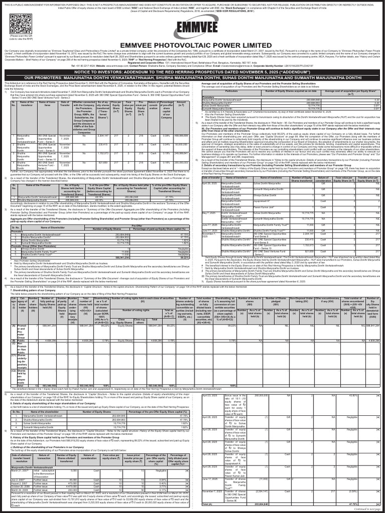 Emmvee Photovoltaic Power Limited - Addendum To RHP | PDF | Equity (Finance) | Mergers And ...
