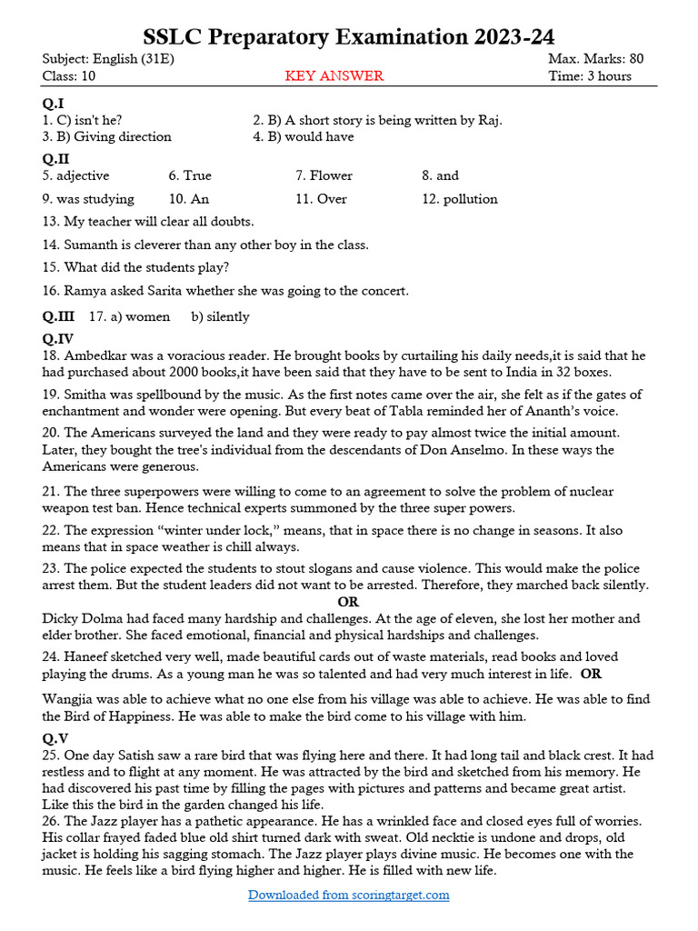 SSLC English Preparatory Exam Key Answer 2023 24 | PDF | Water | Pollution
