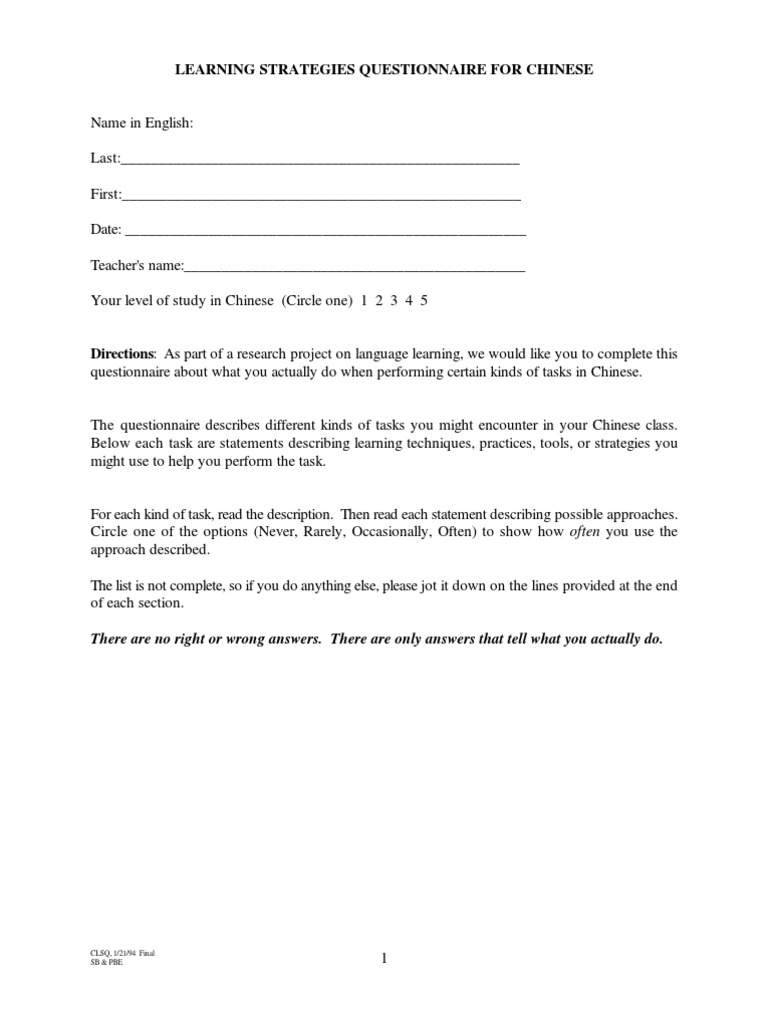 Learning Strategies Questionnaire Chinese | PDF | Reading Comprehension ...
