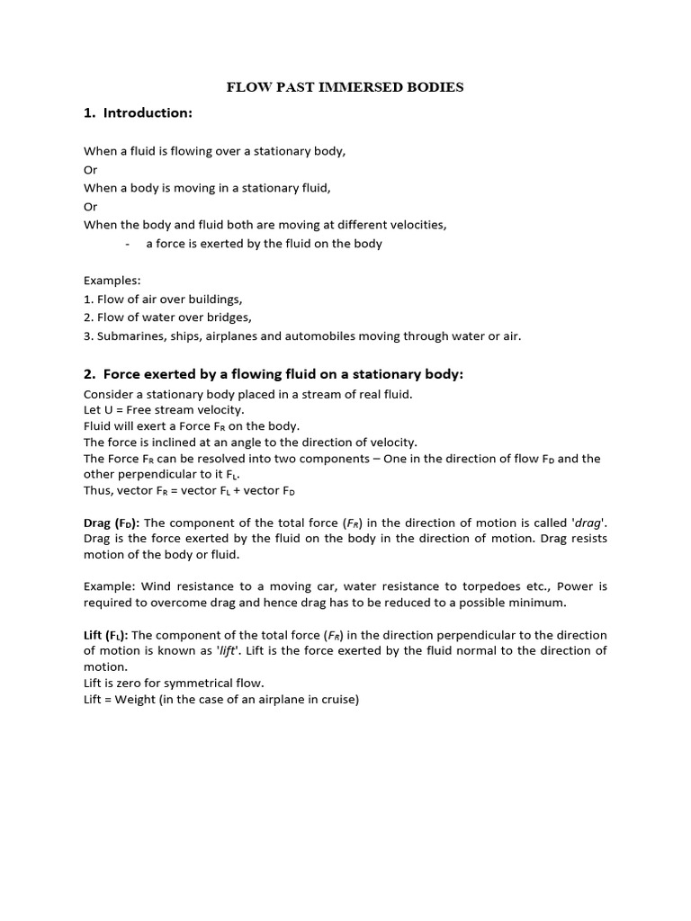 Notes - Flow Past Immersed Bodies | PDF | Drag (Physics) | Lift (Force)