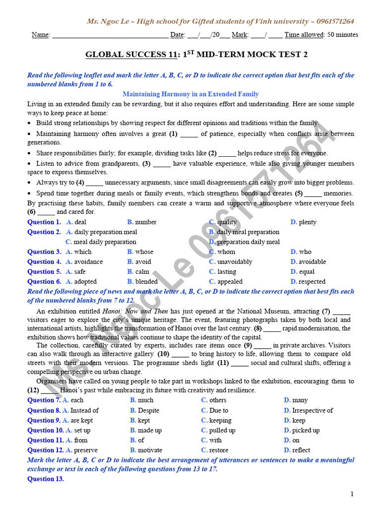 Global Success 11 - Mid-Term Mock Test 2.bản in | PDF | Forests ...