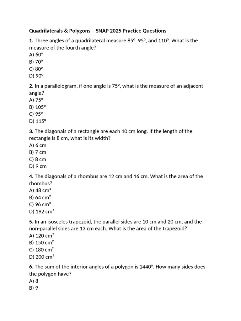 Quadrilaterals & Polygons Practice Quiz | PDF | Rectangle | Area