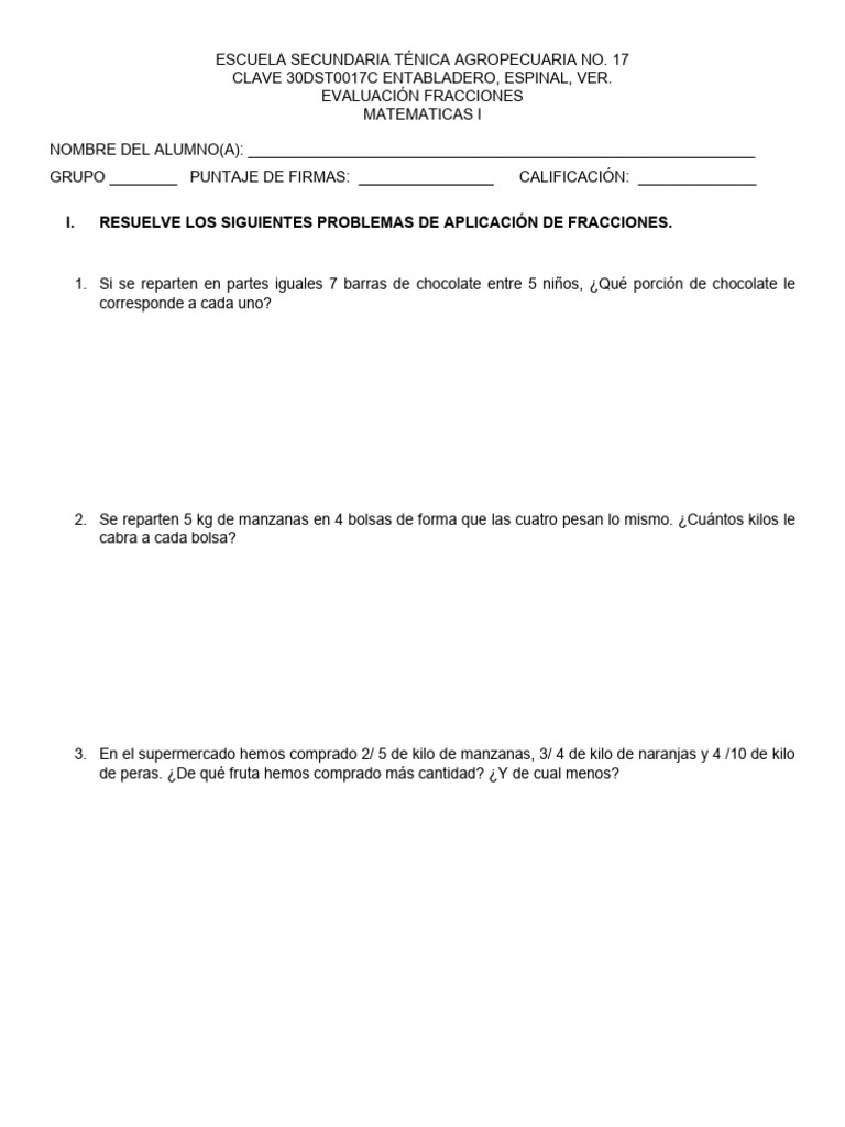 Examen Fracciones Primer Grado | PDF