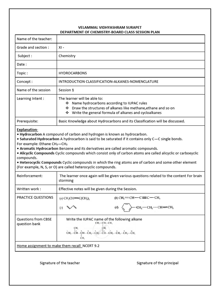 Hydrocarbons Chemistry Session Plan XI | PDF | Alkene | Aromaticity
