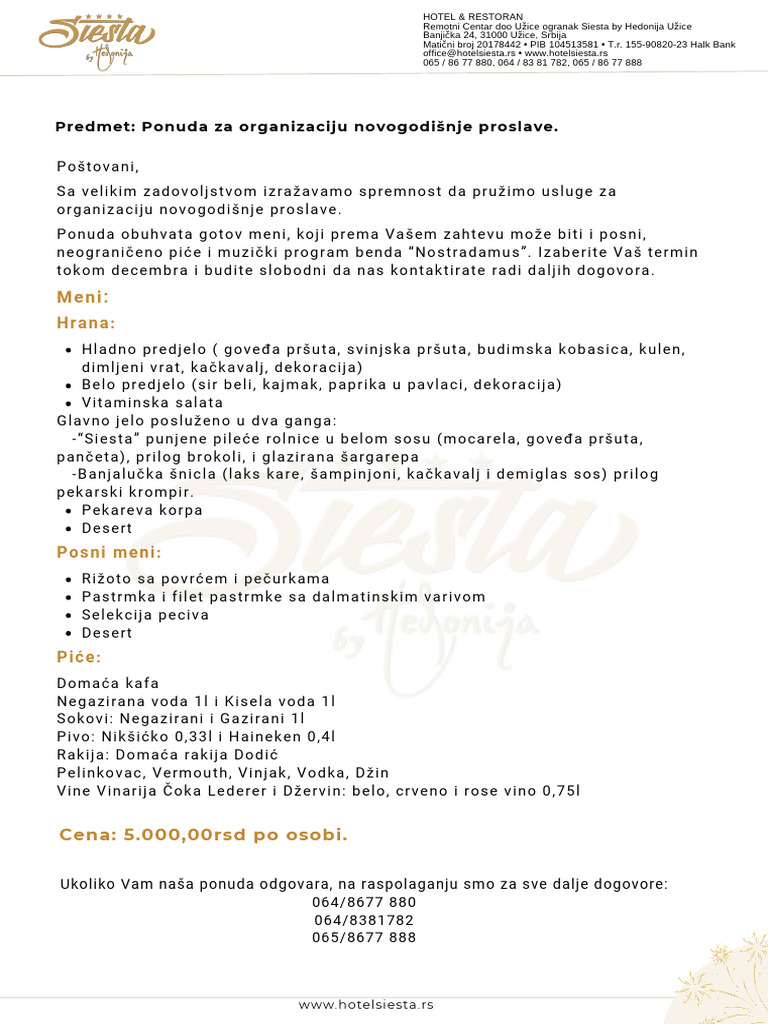 Ponuda Za Proslavu Nove Godine- Hotel Siesta | PDF