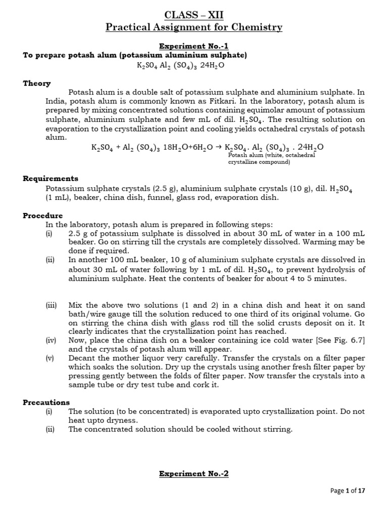 Class XII, Practical Assignment For Chemistry, Set A OK | PDF ...
