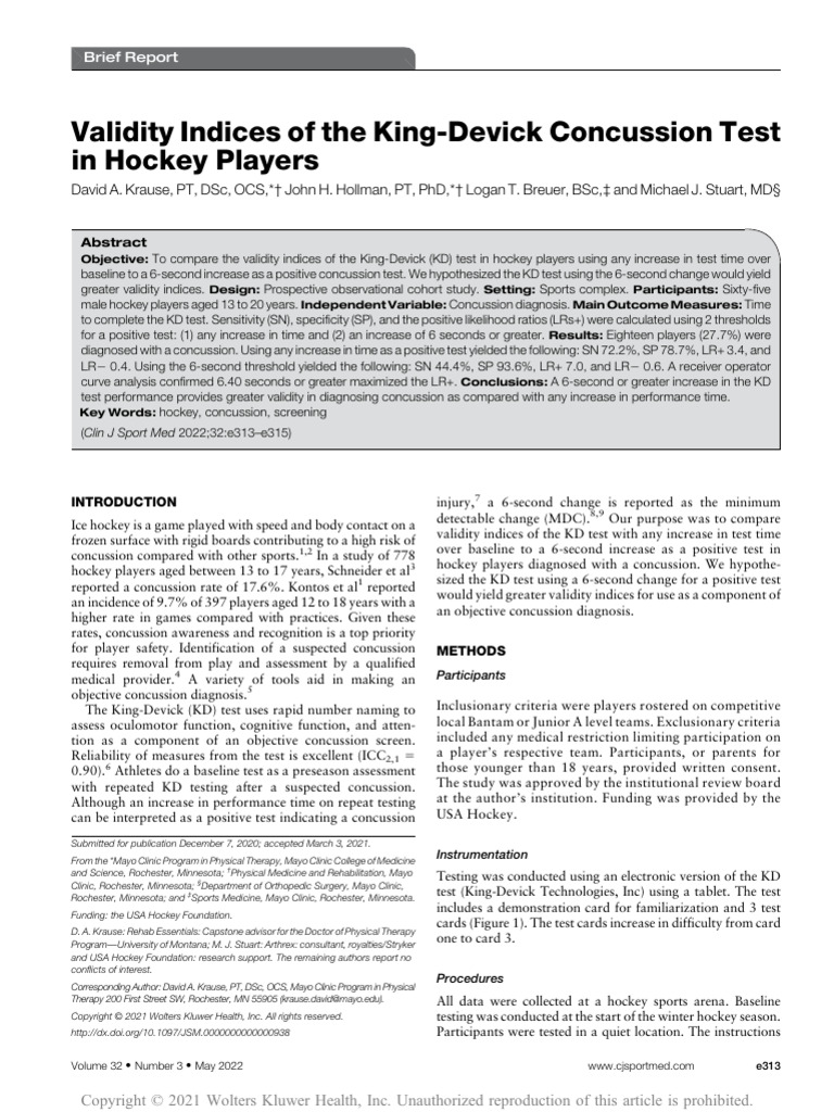 Validity Indices of the King-Devick Concussion Test in Hockey Players ...
