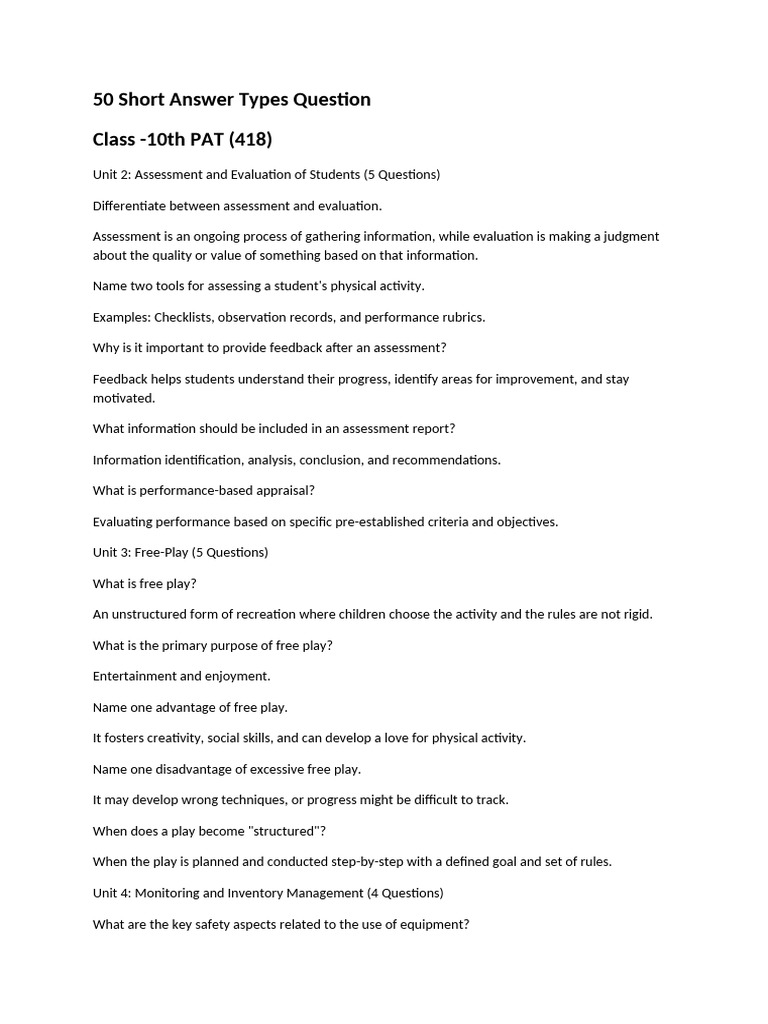 50 Short Answer Questions on Assessment | PDF