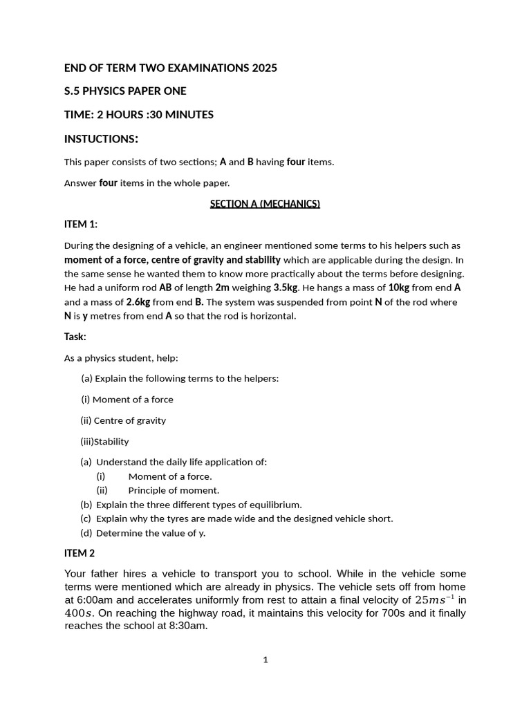 Senior Five s5 Physics Paper One End of Term Two Exam Scenario Based ...