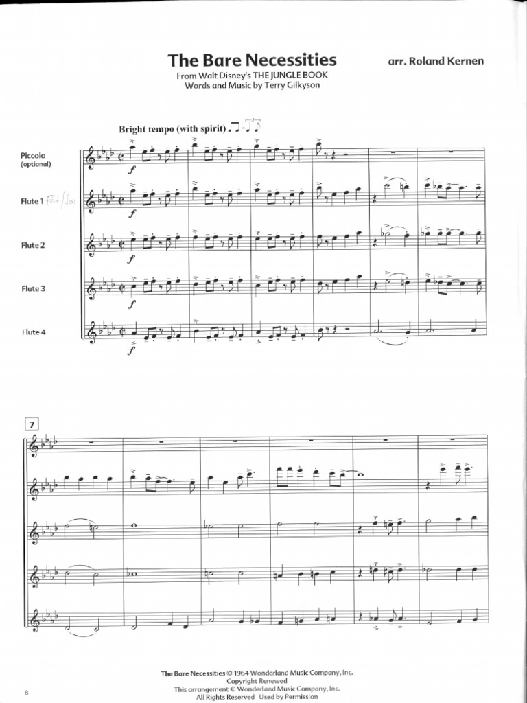 Gilkyson, Arr. Kernen, The Bare Necessities - Picc+ 4 FL, Score + Parts ...