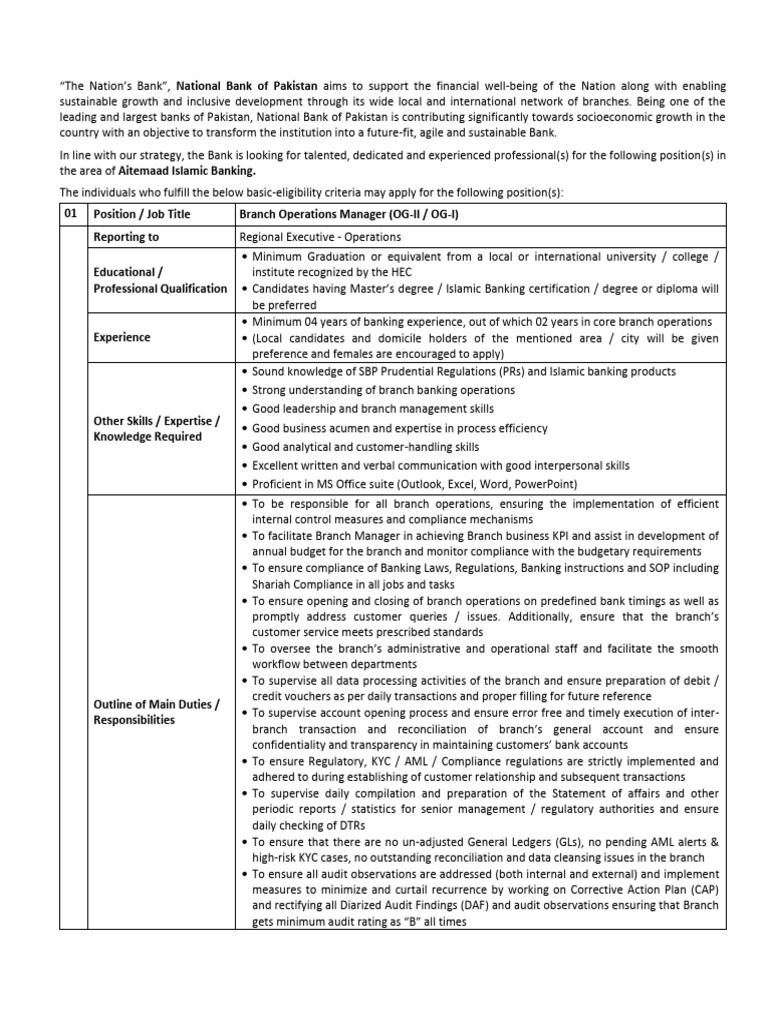 Branch Operations Manager Job at NBP | PDF | Regulatory Compliance | Banks