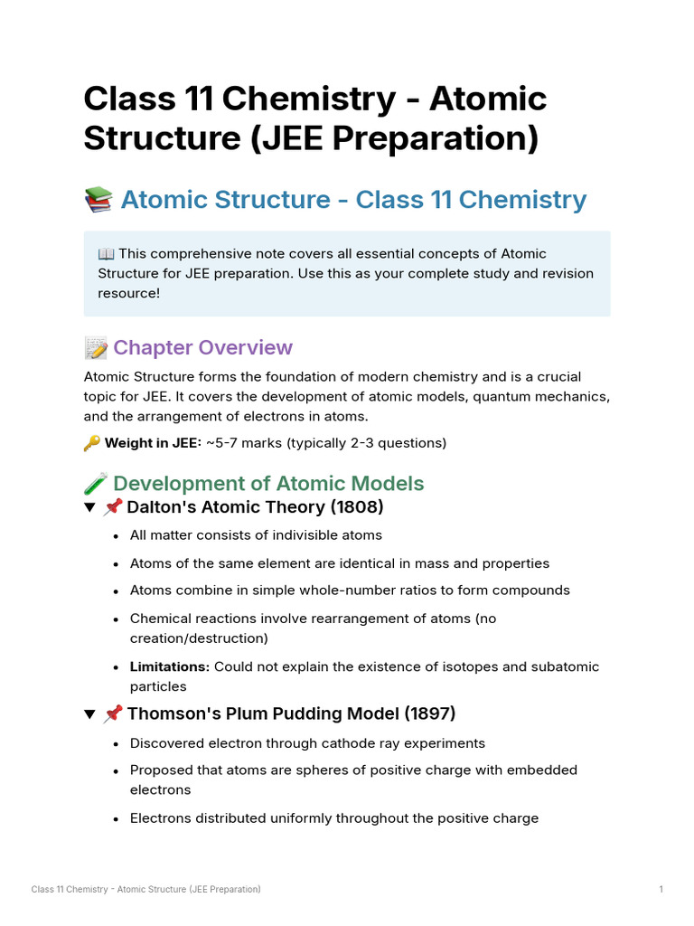 Class - 11 - ChemistryAtomicStructure Research Note (JEE - Preparation ...