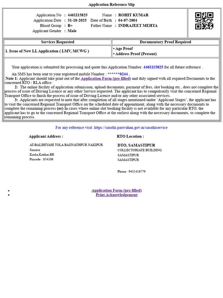 New LL Acknowledgement-Rohit Kumar | PDF | Road Transport | Land Transport